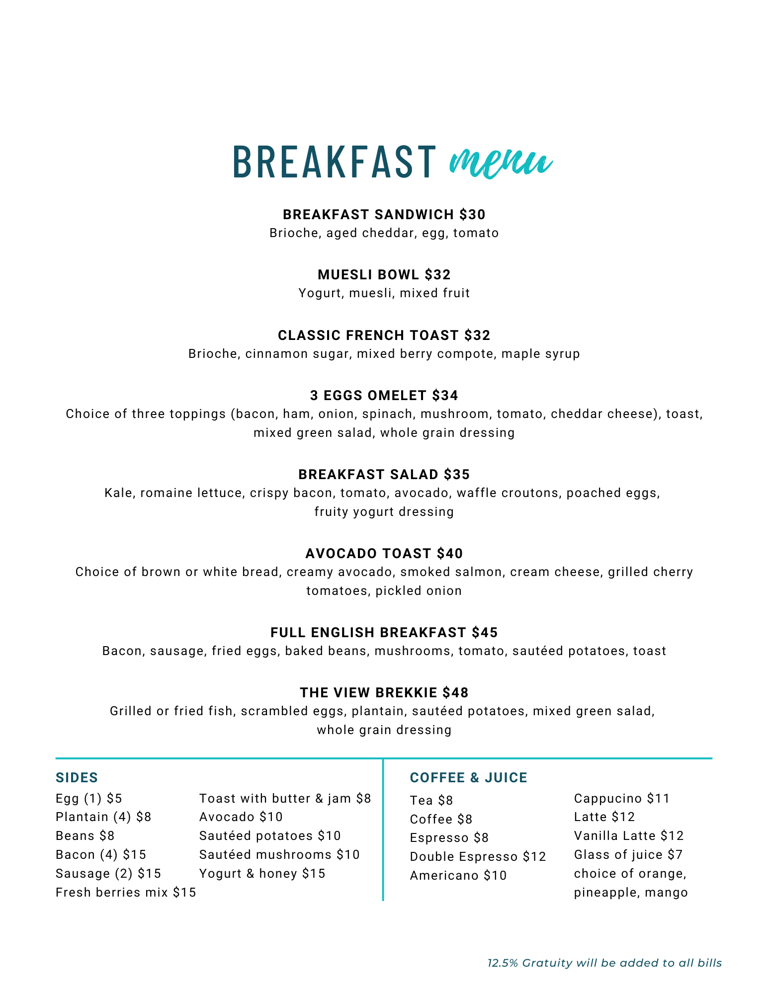 Menus – The View: Kitchen + Bar
