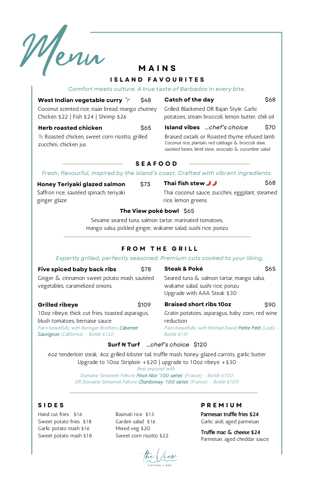 Menus – The View: Kitchen + Bar