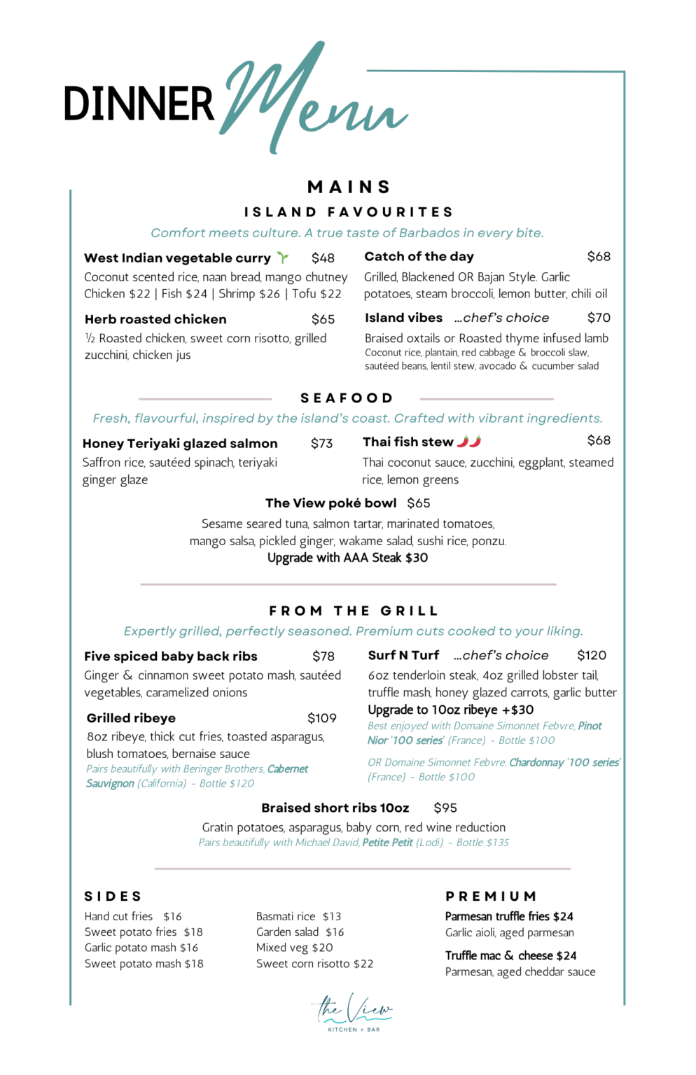Menus – The View: Kitchen + Bar